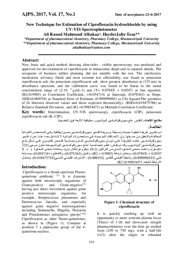 (PDF) New Technique for Estimation of Ciprofloxacin hydrochloride by using UV-VIS Spectrophotometer
