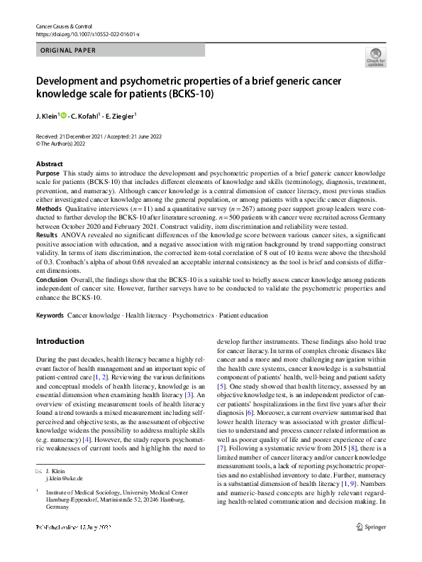 (PDF) Development and psychometric properties of a brief generic cancer ...