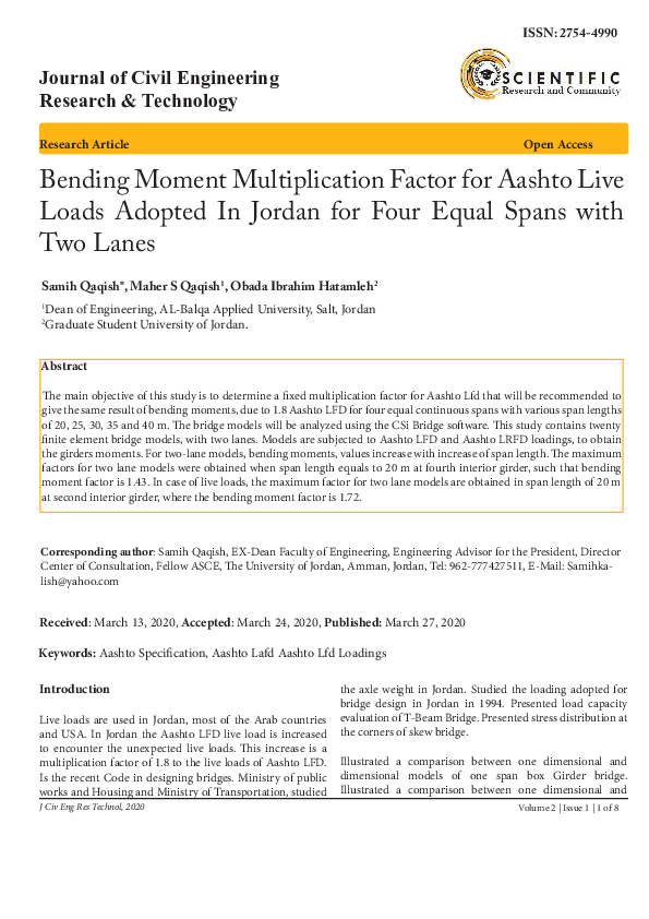 (PDF) Bending Moment Multiplication Factor for Aashto Live Loads ...