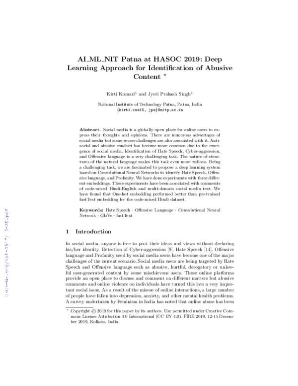(PDF) AI ML NIT Patna at HASOC 2019: Deep Learning Approach for Identification of Abusive Content