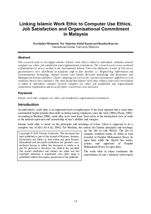 (PDF) Linking Islamic Work Ethic to Computer Use Ethics, Job ...