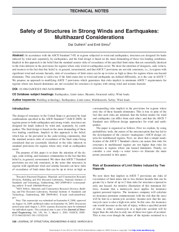 (PDF) Safety of Structures in Strong Winds and Earthquakes: Multihazard Considerations