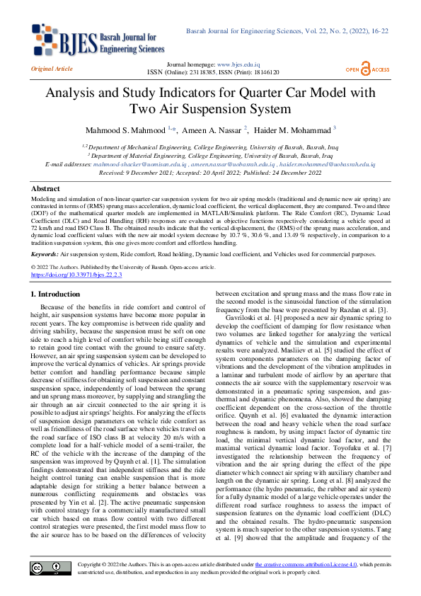(PDF) Analysis and Study Indicators for Quarter Car Model with Two Air ...