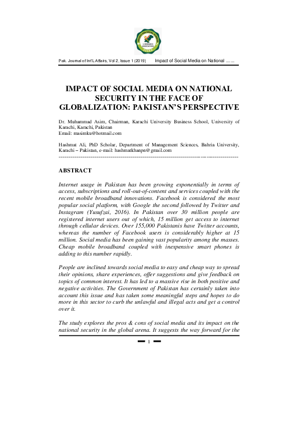 (PDF) Impact of Social Media on National Security in the Face of Globalization: Pakistan’s ...