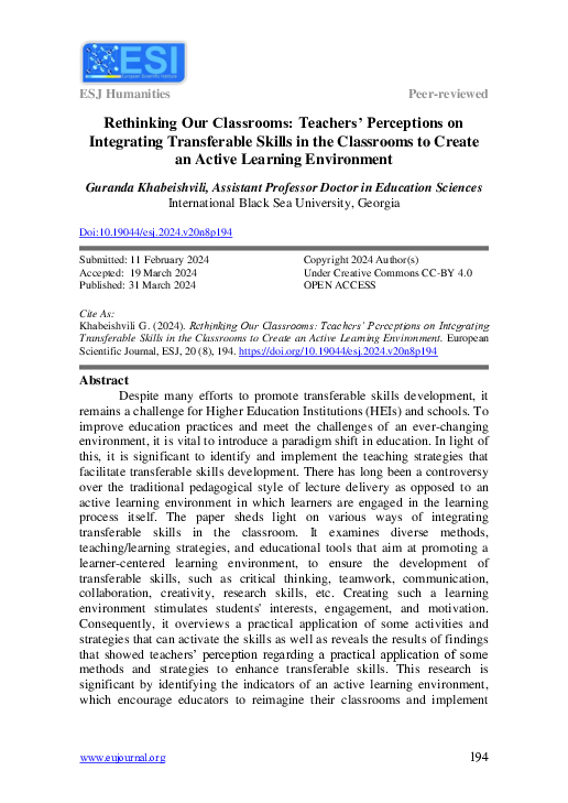 (PDF) Rethinking Our Classrooms: Teachers’ Perceptions on Integrating Transferable Skills in the ...