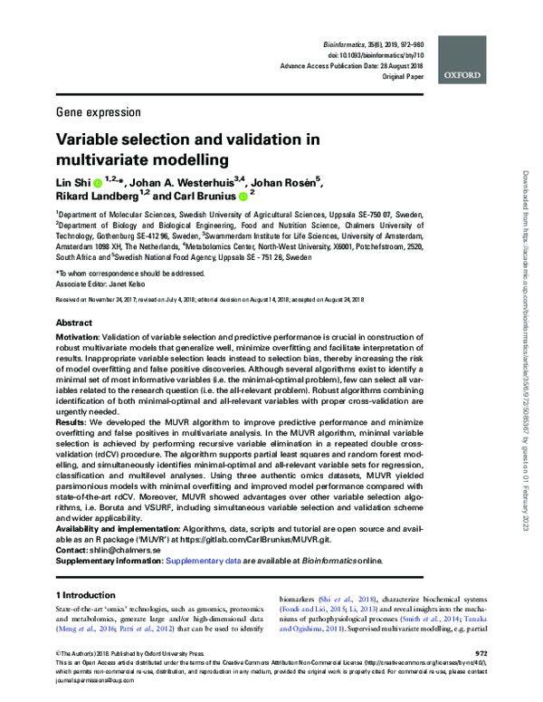 Pdf Variable Selection And Validation In Multivariate Modelling