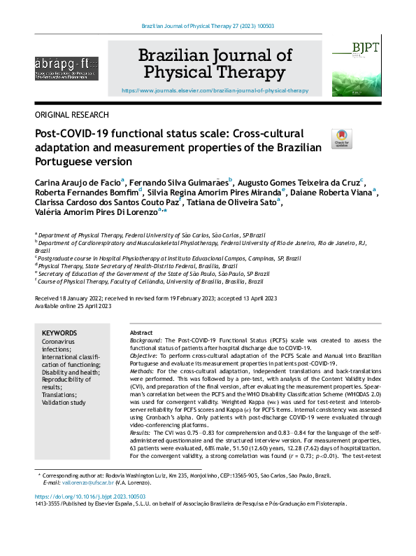 (PDF) Post-COVID-19 functional status scale: Cross-cultural adaptation ...