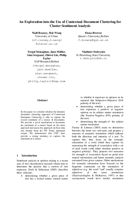 Pdf An Exploration Into The Use Of Contextual Document Clustering For Cluster Sentiment Analysis