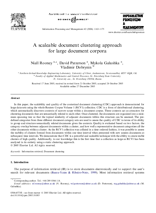 (PDF) A scaleable document clustering approach for large document corpora | Vladimir Dobrynin ...