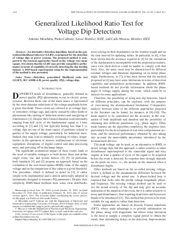 (PDF) Generalized Likelihood Ratio Test for Voltage Dip Detection