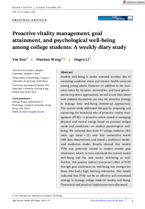 (PDF) Proactive vitality management, goal attainment, and psychological well-being among college ...