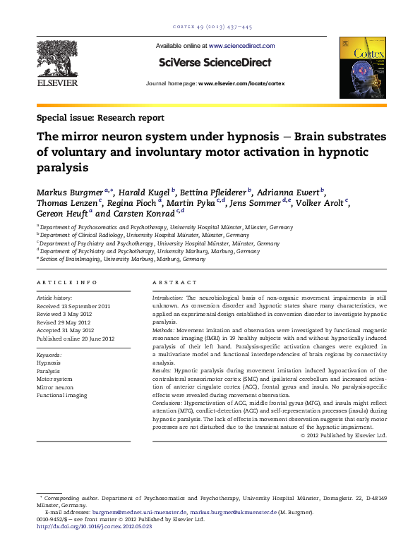 (PDF) The mirror neuron system under hypnosis – Brain substrates of ...