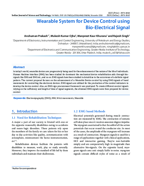 (PDF) Wearable System for Device Control using Bio-Electrical Signal
