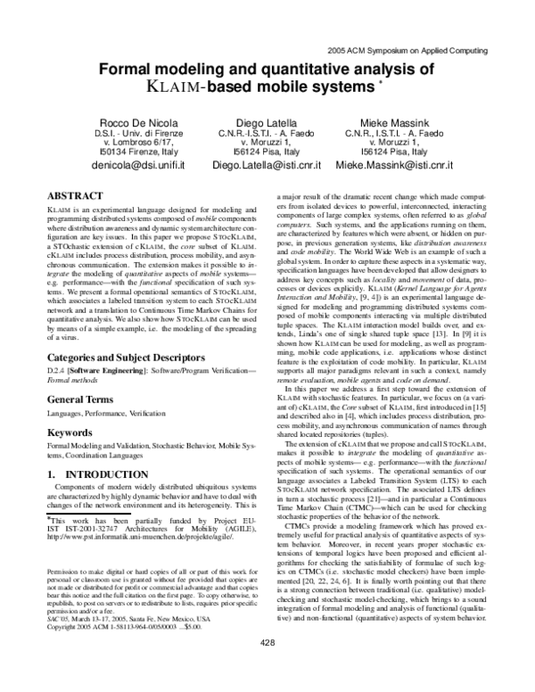 (PDF) Formal modeling and quantitative analysis of KLAIM-based mobile ...