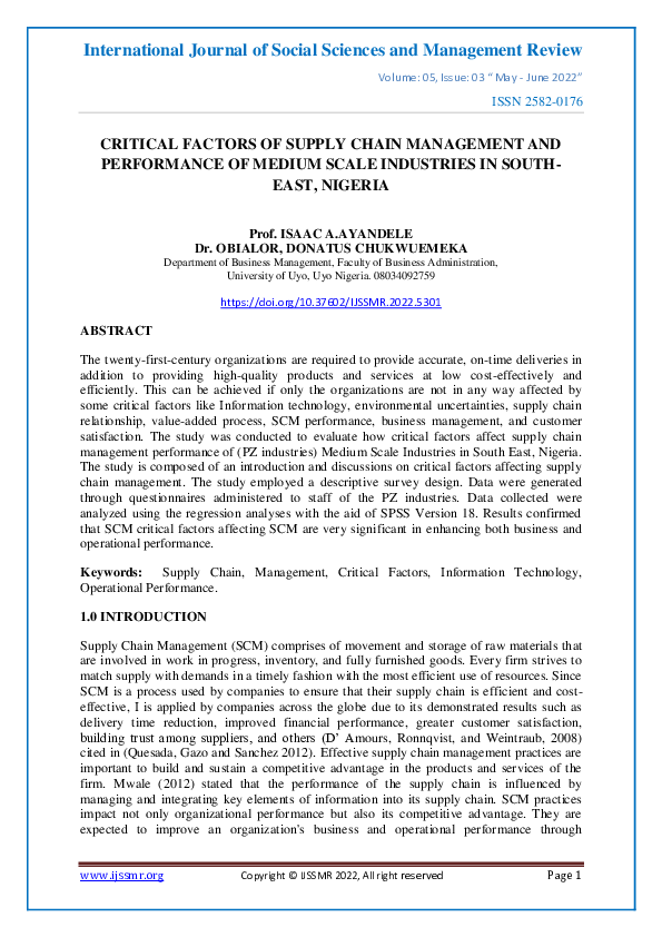 (PDF) CRITICAL FACTORS OF SUPPLY CHAIN MANAGEMENT AND PERFORMANCE OF ...