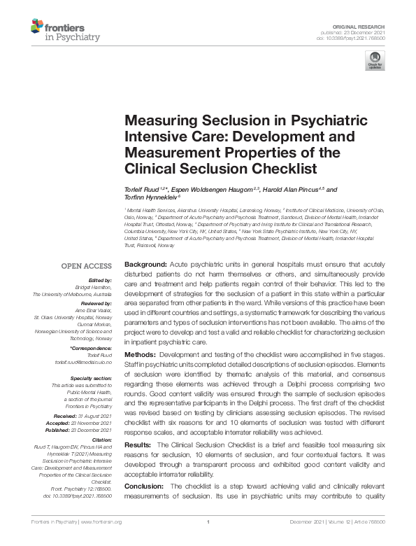 (PDF) Measuring Seclusion in Psychiatric Intensive Care: Development ...