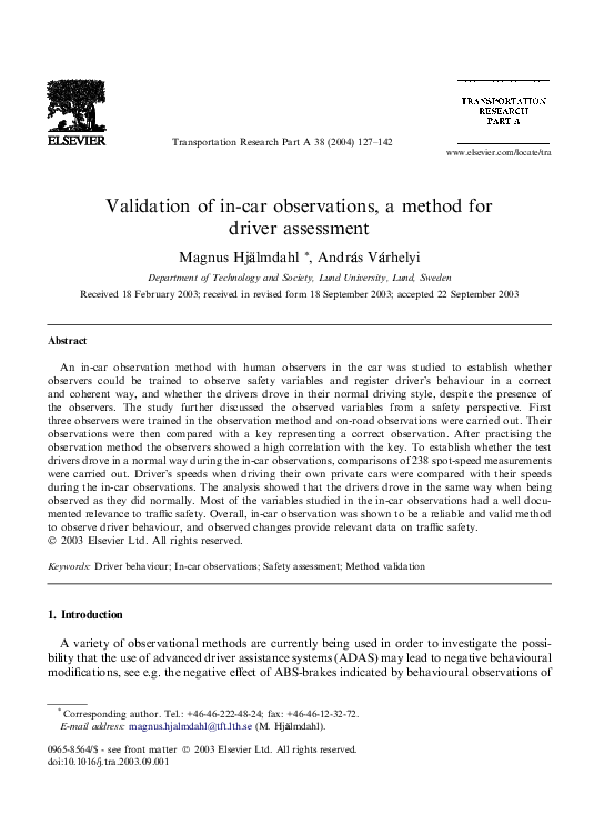 (PDF) Validation of in-car observations, a method for driver assessment