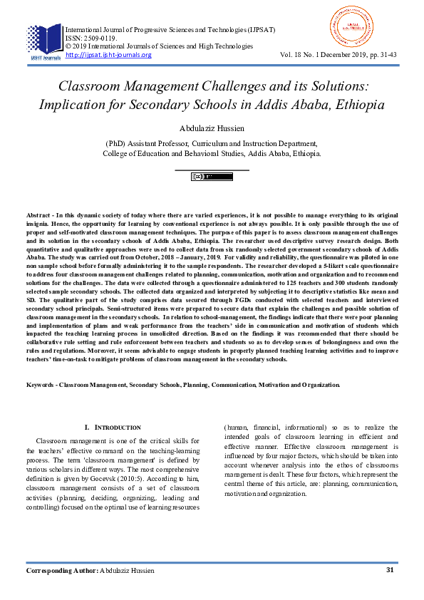 (PDF) Classroom Management Challenges and its Solutions: Implication ...