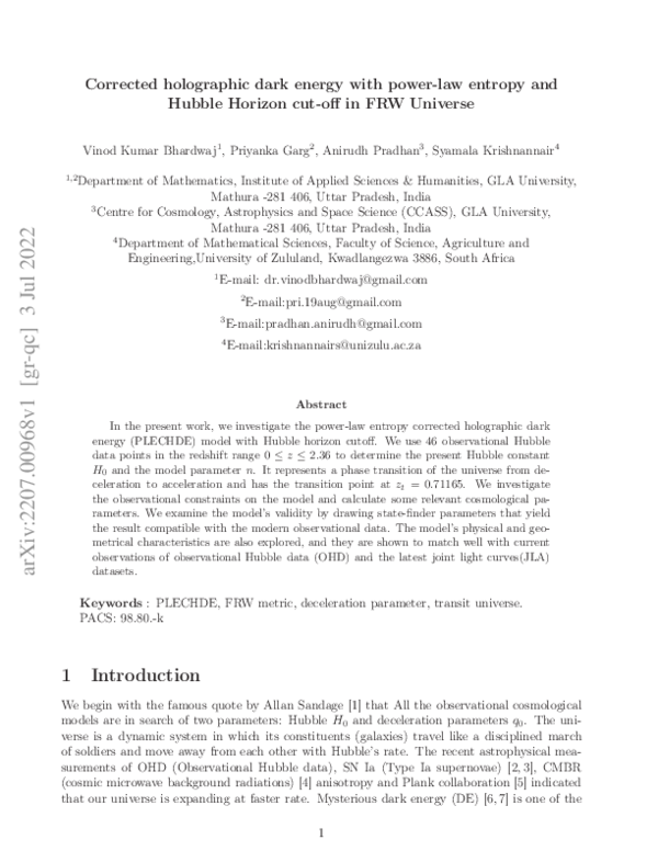 (PDF) Corrected holographic dark energy with power-law entropy and Hubble Horizon cut-off in FRW ...
