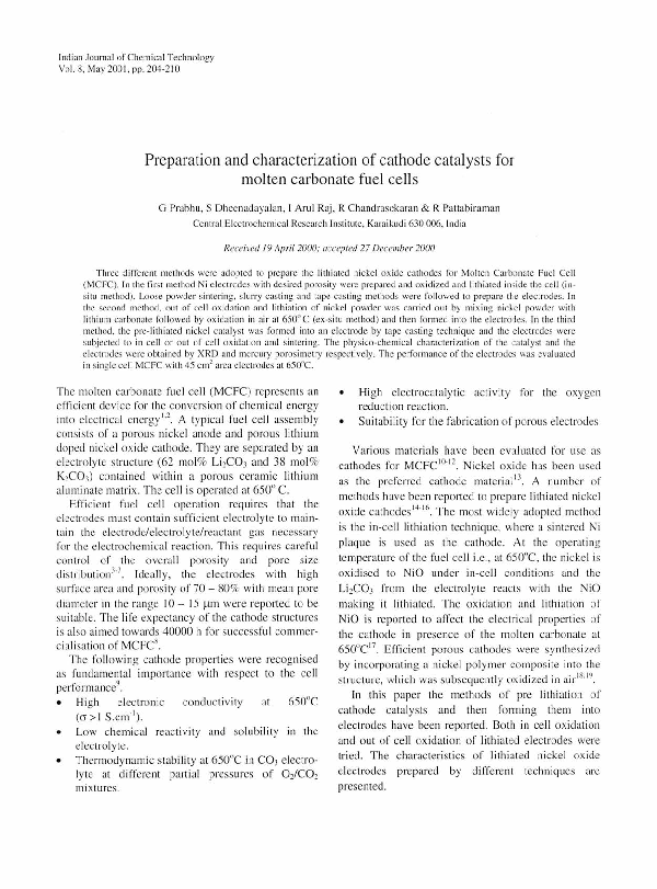 (PDF) Preparation and characterization of cathode catalysts for molten ...