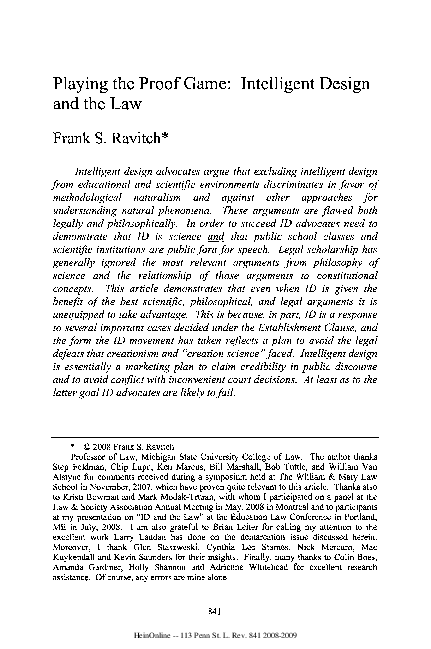 (PDF) Playing the Proof Game: Intelligent Design and the Law | Frank ...