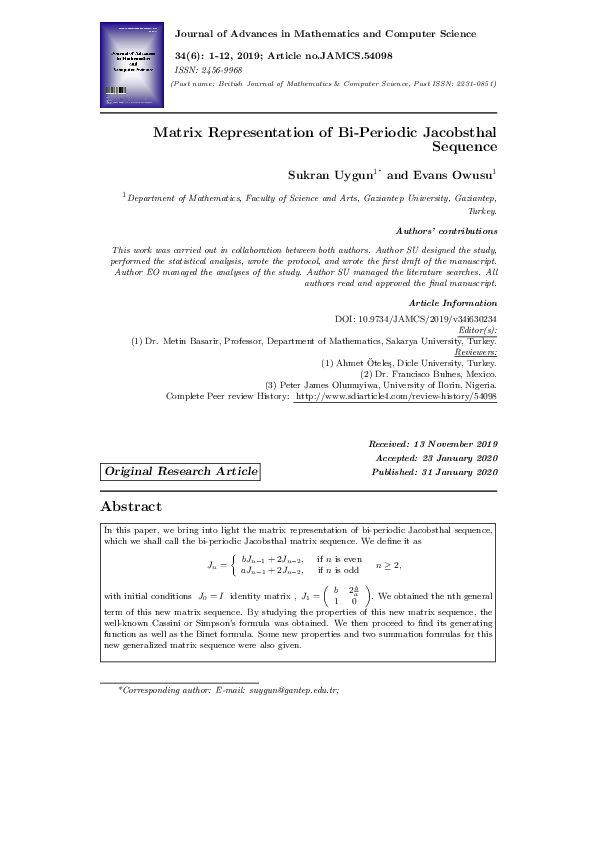 (PDF) Matrix Representation of Bi-Periodic Jacobsthal Sequence | Şükran ...