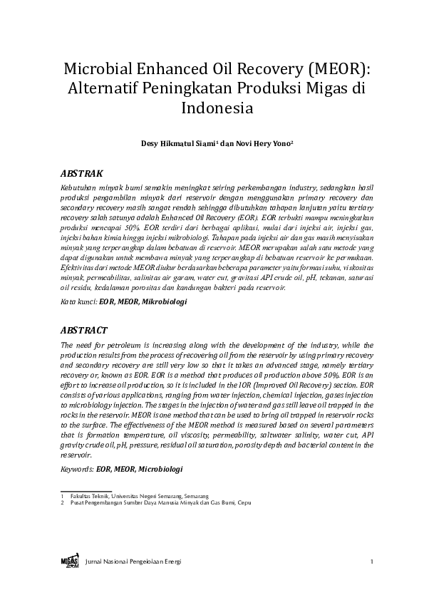 (PDF) Microbial Enhanced Oil Recovery (MEOR): Alternatif Peningkatan Produksi Migas di Indonesia