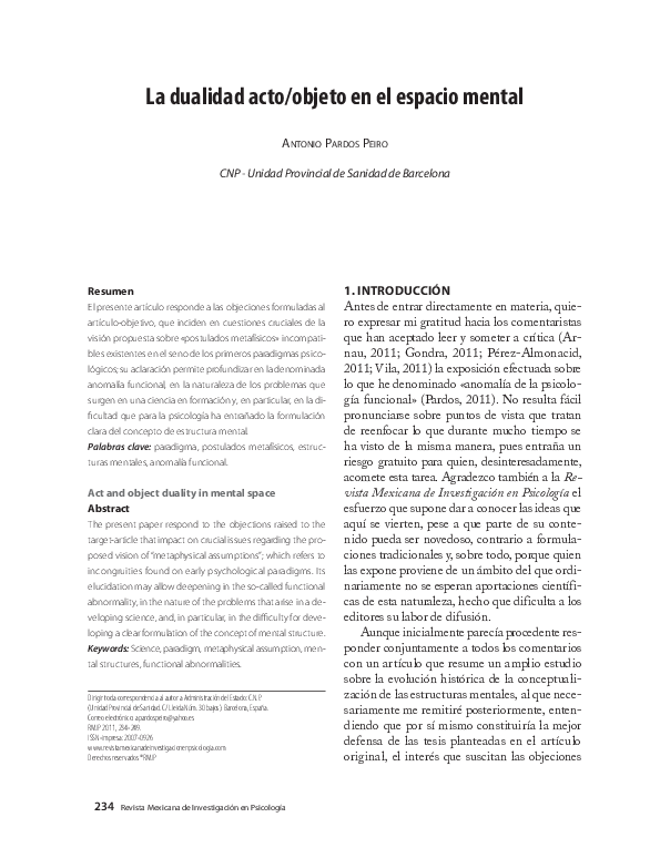 (PDF) La dualidad acto/objeto en el espacio mental