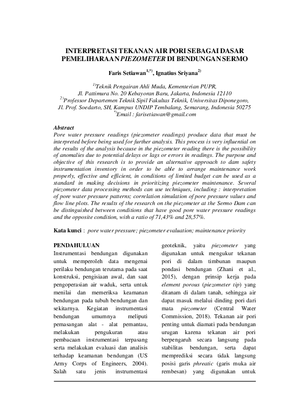 (PDF) Interpretasi Tekanan Air Pori Sebagai Dasar Pemeliharaan Piezometer DI Bendungan Sermo