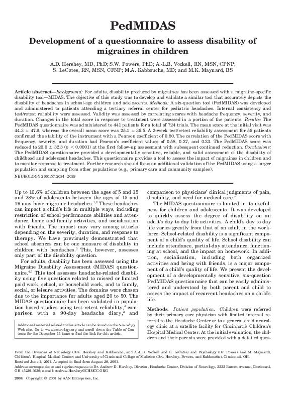 (PDF) PedMIDAS: Development of a questionnaire to assess disability of ...