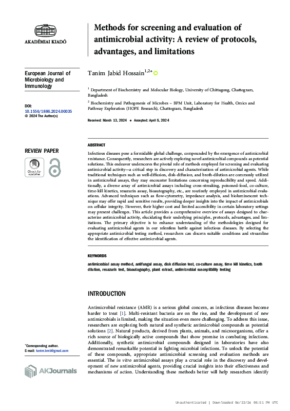 (PDF) Methods for screening and evaluation of antimicrobial activity: A ...