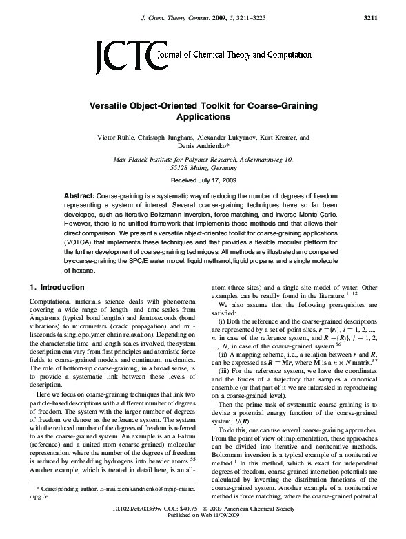(PDF) Versatile Object-Oriented Toolkit for Coarse-Graining Applications