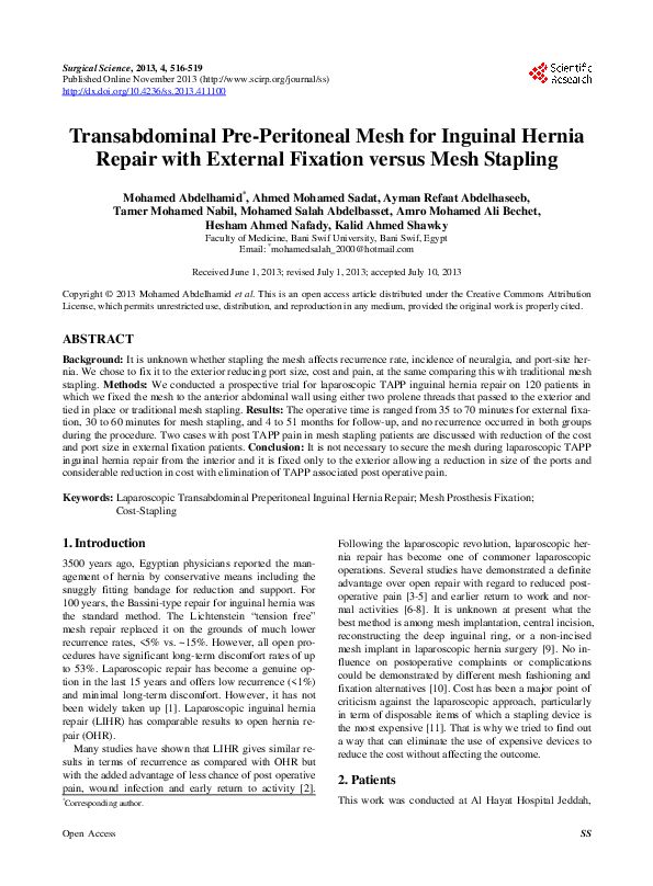 (PDF) Transabdominal Pre-Peritoneal Mesh for Inguinal Hernia Repair ...