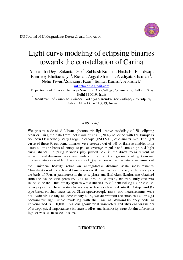 (PDF) Light curve modeling of eclipsing binaries towards the constellation of Carina