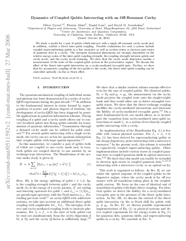 (PDF) Dynamics of coupled qubits interacting with an off-resonant cavity | D. Loss - Academia.edu