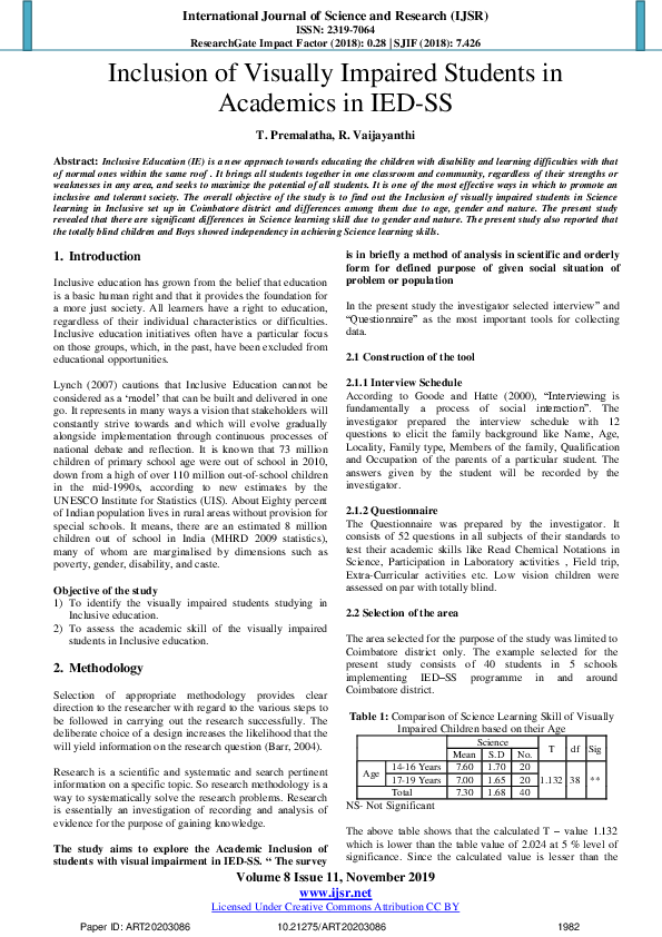 (PDF) Inclusion of Visually Impaired Students in Academics in IED-SS