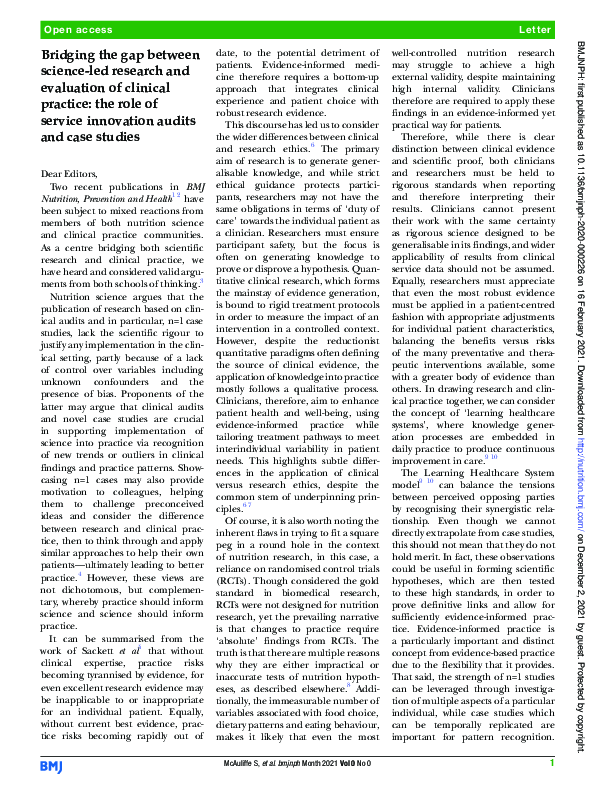 (PDF) Bridging the gap between science-led research and evaluation of clinical practice: the ...