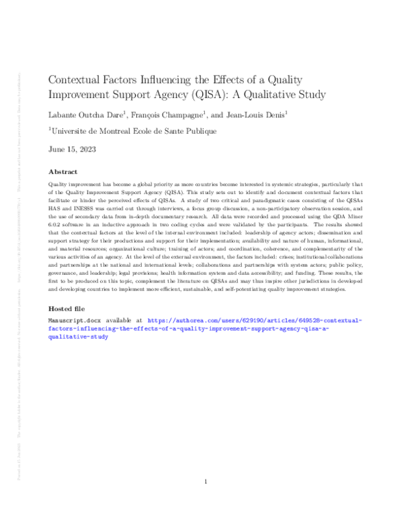 (PDF) Contextual Factors Influencing the Effects of a Quality Improvement Support Agency (QISA ...