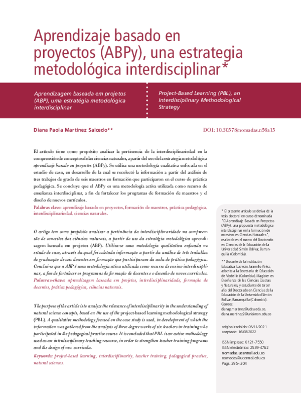 (PDF) Aprendizaje basado en proyectos (ABPy), una estrategia metodológica interdisciplinar