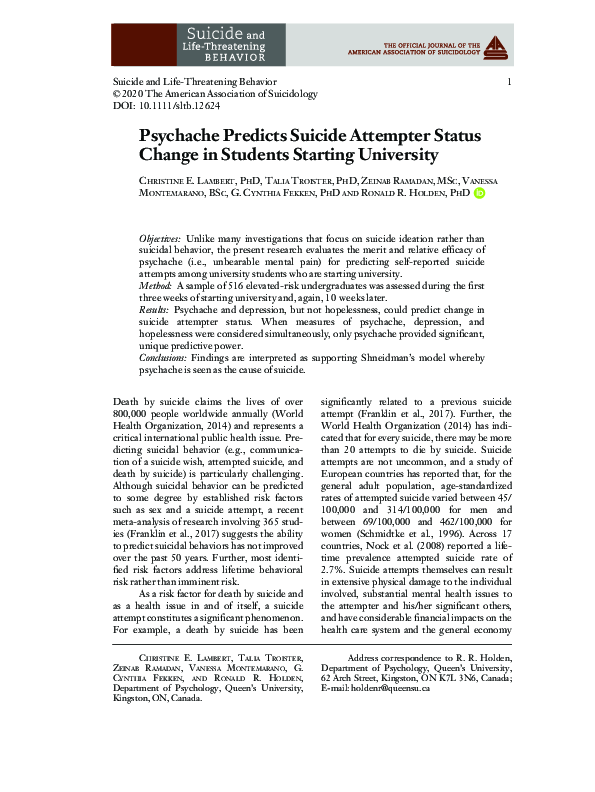 (PDF) Psychache Predicts Suicide Attempter Status Change in Students ...