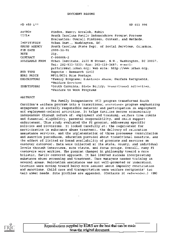 (PDF) South Carolina Family Independence Program Process Evaluation ...