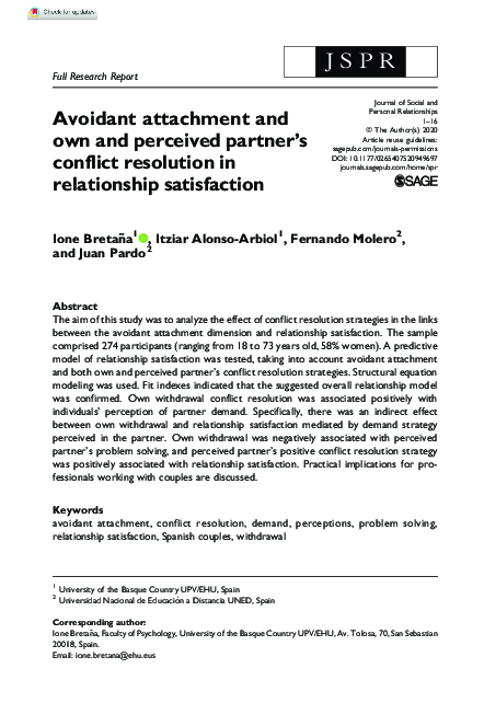 (PDF) Avoidant attachment and own and perceived partner’s conflict ...