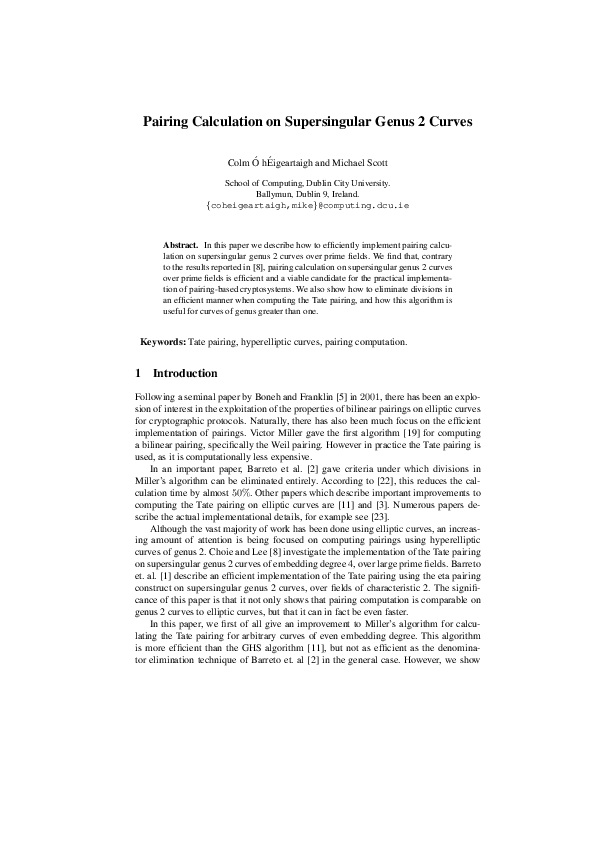 (PDF) Pairing Calculation on Supersingular Genus 2 Curves