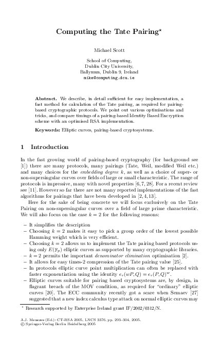 (PDF) Computing the Tate Pairing