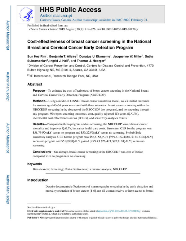 (PDF) Cost-effectiveness of breast cancer screening in the National Breast and Cervical Cancer ...