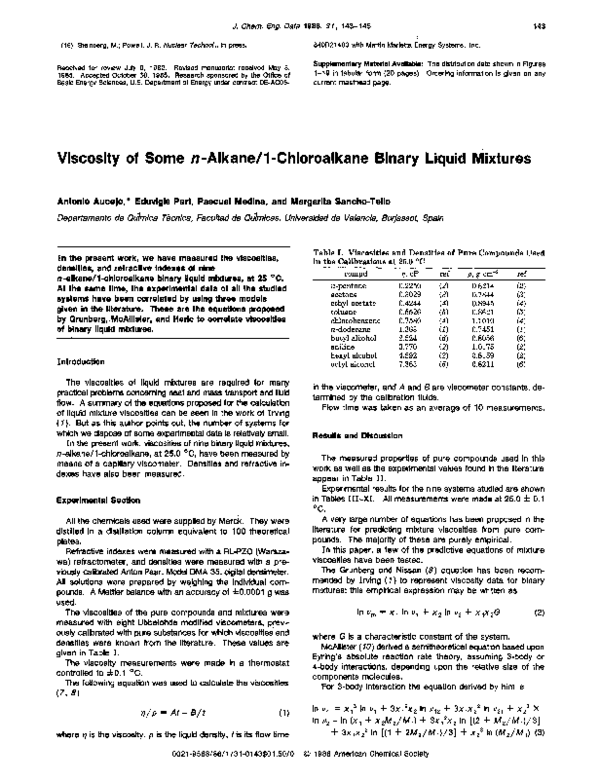 (PDF) Viscosity of some n-alkane/1-chloroalkane binary liquid mixtures