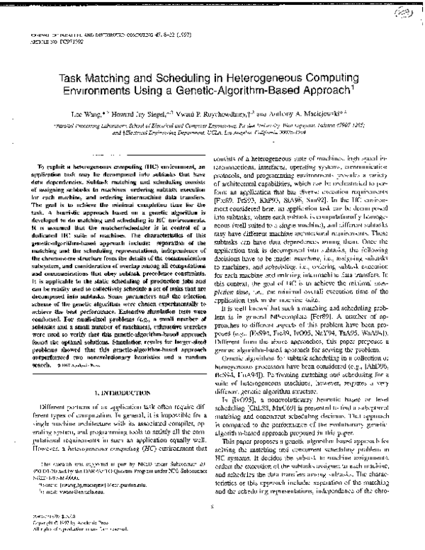 (PDF) Task Matching and Scheduling in Heterogeneous Computing Environments Using a Genetic ...