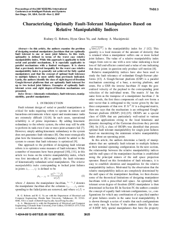 (PDF) Characterizing optimally fault-tolerant manipulators based on relative manipulability indices