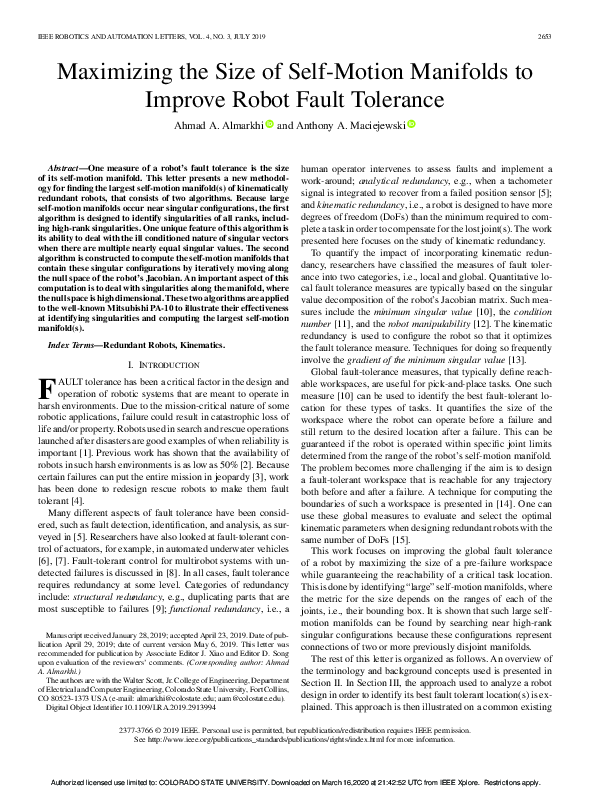 (PDF) Maximizing the Size of Self-Motion Manifolds to Improve Robot Fault Tolerance