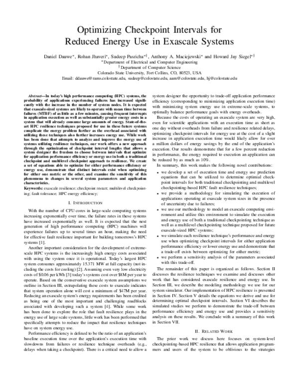 (PDF) Optimizing checkpoint intervals for reduced energy use in exascale systems